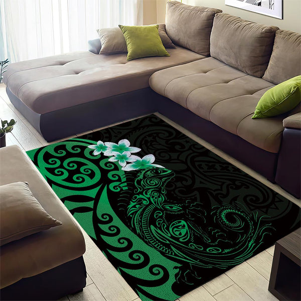 New Zealand Tuatara Plumeria Area Rug Maori Green Koru Tribal Tattoo LT01