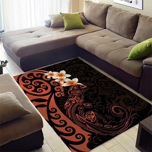 New Zealand Tuatara Plumeria Area Rug Maori Orange Koru Tribal Tattoo LT01