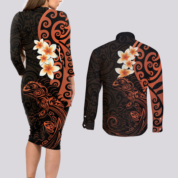 New Zealand Tuatara Plumeria Couples Matching Long Sleeve Bodycon Dress ...