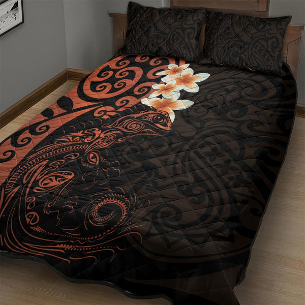 New Zealand Tuatara Plumeria Quilt Bed Set Maori Orange Koru Tribal ...