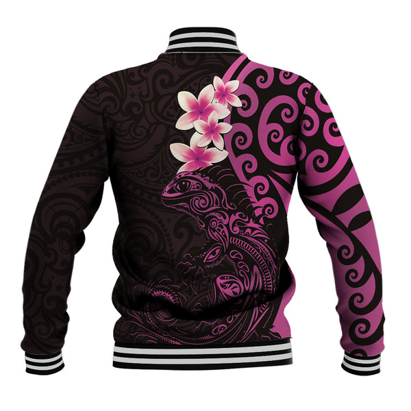 New Zealand Tuatara Plumeria Baseball Jacket Maori Pink Koru Tribal ...