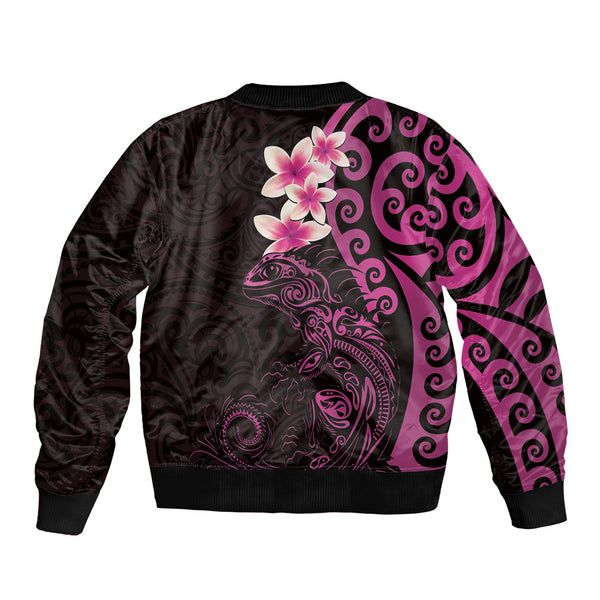 New Zealand Tuatara Plumeria Bomber Jacket Maori Pink Koru Tribal ...
