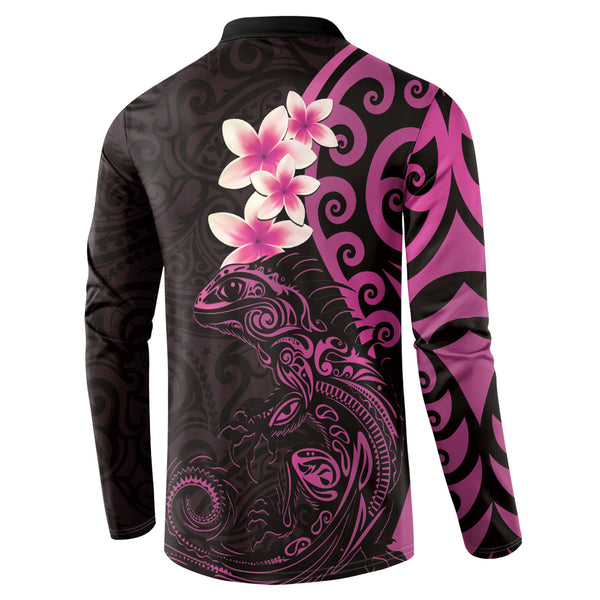 New Zealand Tuatara Plumeria Button Sweatshirt Maori Pink Koru Tribal ...