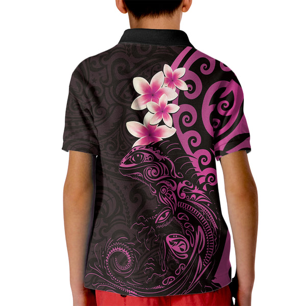 New Zealand Tuatara Plumeria Kid Polo Shirt Maori Pink Koru Tribal ...