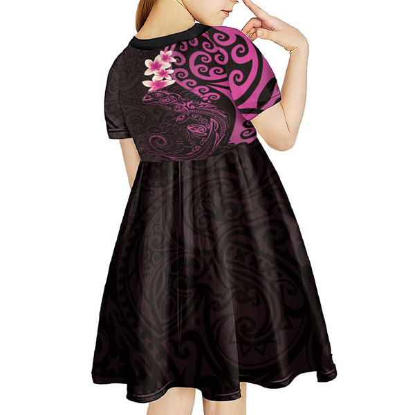 New Zealand Tuatara Plumeria Kid Short Sleeve Dress Maori Pink Koru ...