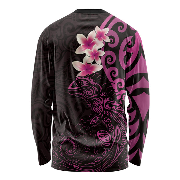 New Zealand Tuatara Plumeria Long Sleeve Shirt Maori Pink Koru Tribal ...