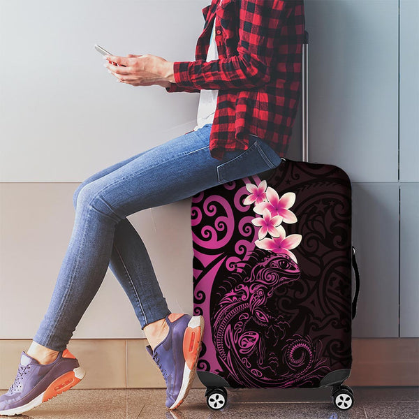 New Zealand Tuatara Plumeria Luggage Cover Maori Pink Koru Tribal ...