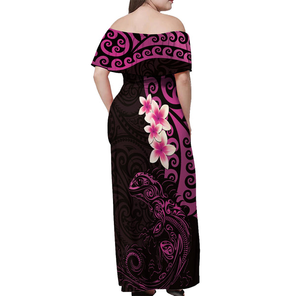 New Zealand Tuatara Plumeria Off Shoulder Maxi Dress Maori Pink Koru ...