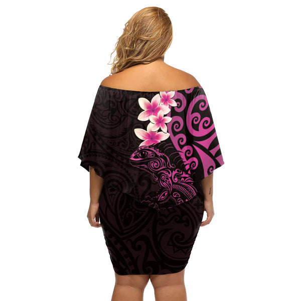 New Zealand Tuatara Plumeria Off Shoulder Short Dress Maori Pink Koru ...