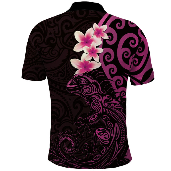 New Zealand Tuatara Plumeria Polo Shirt Maori Pink Koru Tribal Tattoo LT01