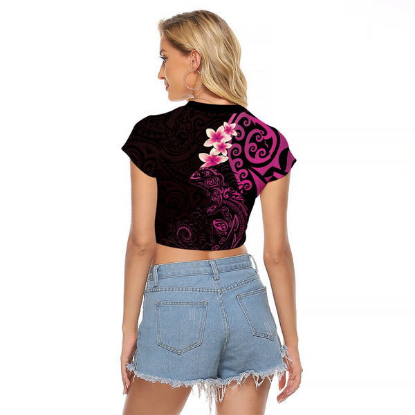 New Zealand Tuatara Plumeria Raglan Cropped T Shirt Maori Pink Koru ...