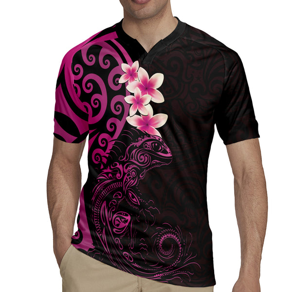 New Zealand Tuatara Plumeria Rugby Jersey Maori Pink Koru Tribal Tattoo ...