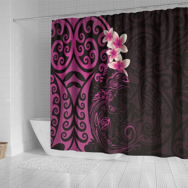 New Zealand Tuatara Plumeria Shower Curtain Maori Pink Koru Tribal ...