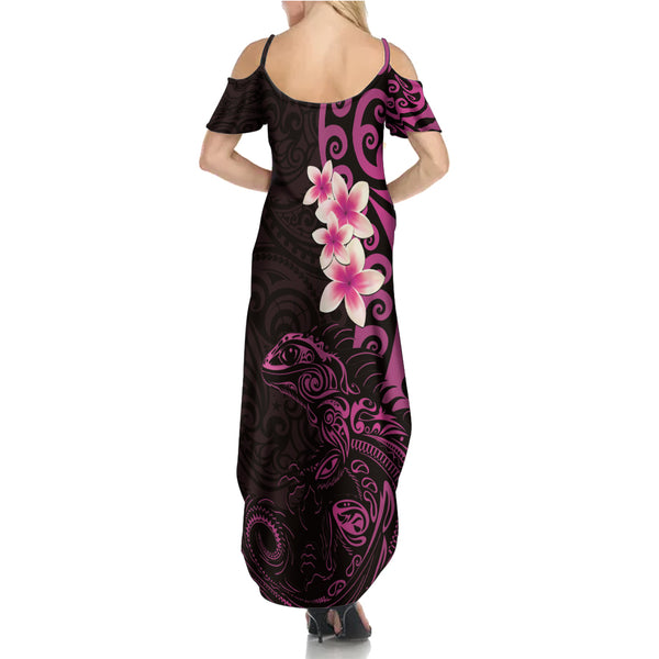 New Zealand Tuatara Plumeria Summer Maxi Dress Maori Pink Koru Tribal ...