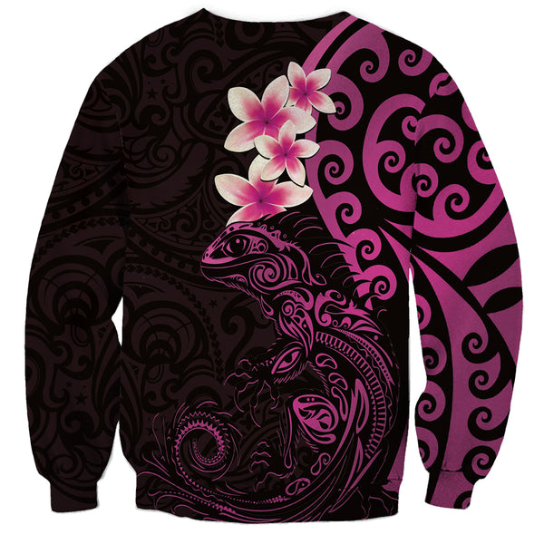 New Zealand Tuatara Plumeria Sweatshirt Maori Pink Koru Tribal Tattoo LT01