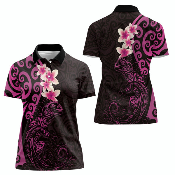 New Zealand Tuatara Plumeria Women Polo Shirt Maori Pink Koru Tribal ...