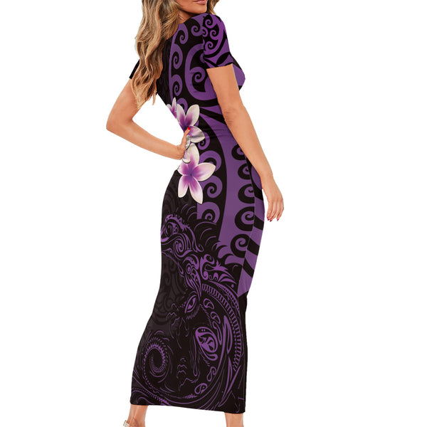 New Zealand Tuatara Plumeria Short Sleeve Bodycon Dress Maori Purple ...