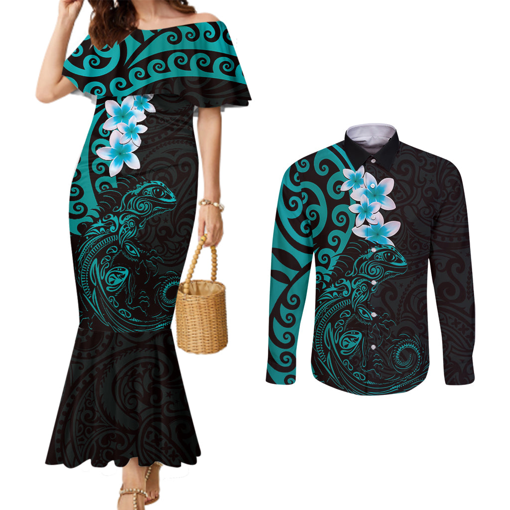 New Zealand Tuatara Plumeria Couples Matching Mermaid Dress and Long Sleeve Button Shirt Maori ...