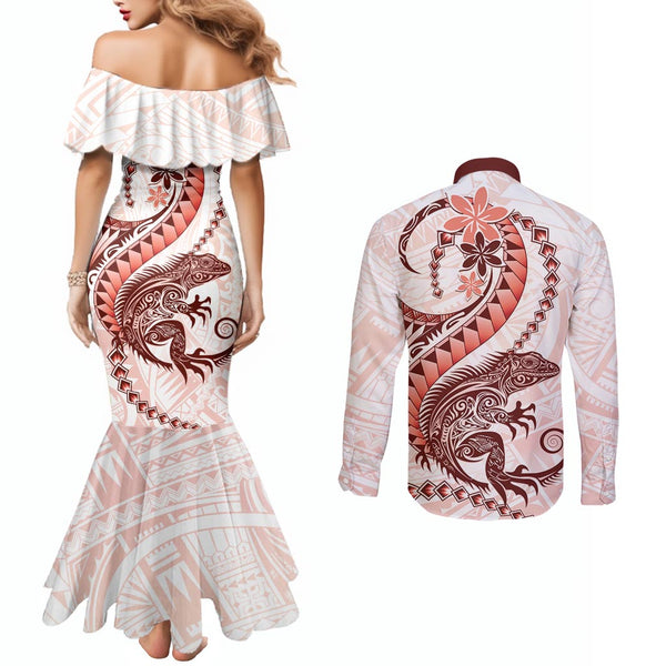 Red Maori Tuatara Couples Matching Mermaid Dress and Long Sleeve Button ...