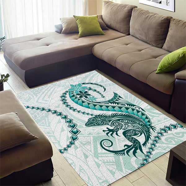Teal Maori Tuatara Area Rug Luxury Pastel Pattern LT01