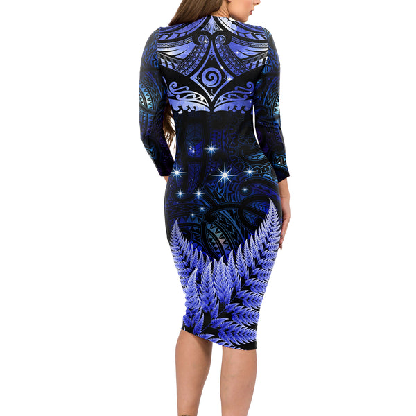 New Zealand Matariki Long Sleeve Bodycon Dress Maori Pattern and ...