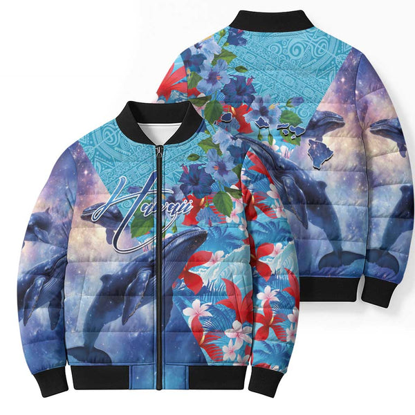 Hawaii Aloha Whales Bomber Puffer Jacket Hibiscus and Whales with ...