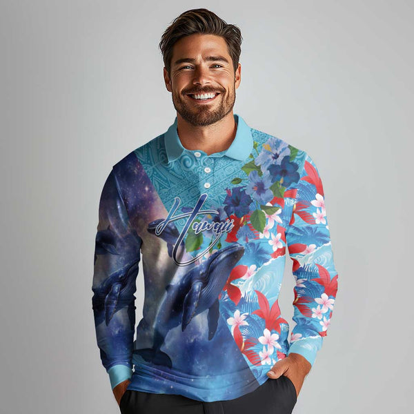 Hawaii Aloha Whales Long Sleeve Polo Shirt Hibiscus and Whales with ...