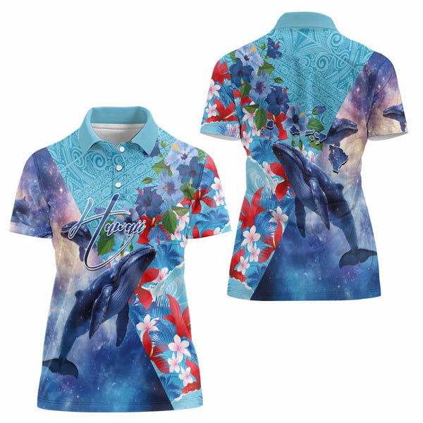 Hawaii Aloha Whales Women Polo Shirt Hibiscus and Whales with ...