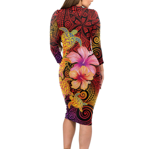 Hawaiian Hibiscus Turtle Tribal Polynesian Pattern Long Sleeve Bodycon ...