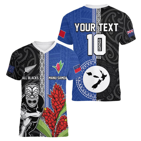 Custom Samoa and New Zealand Rugby Women V-Neck T-Shirt Teuila Samoan ...