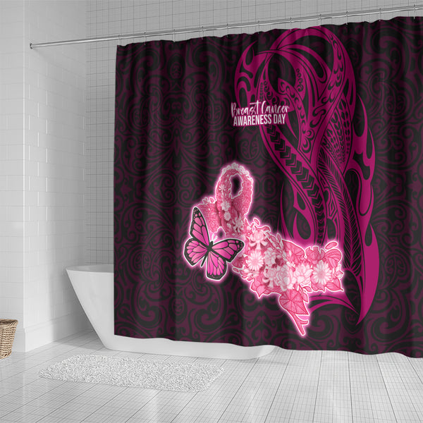 Polynesia Breast Cancer Shower Curtain Butterfly and Flowers Ribbon ...