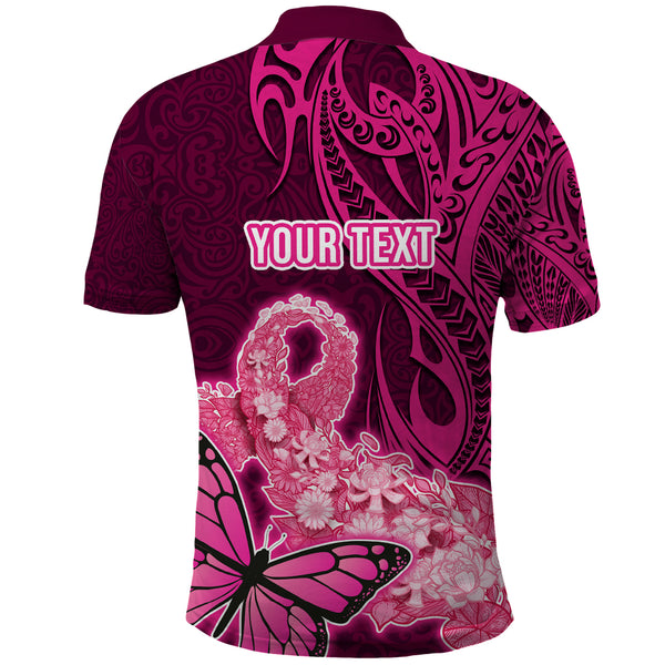 Custom Polynesia Breast Cancer Polo Shirt Butterfly and Flowers Ribbon ...