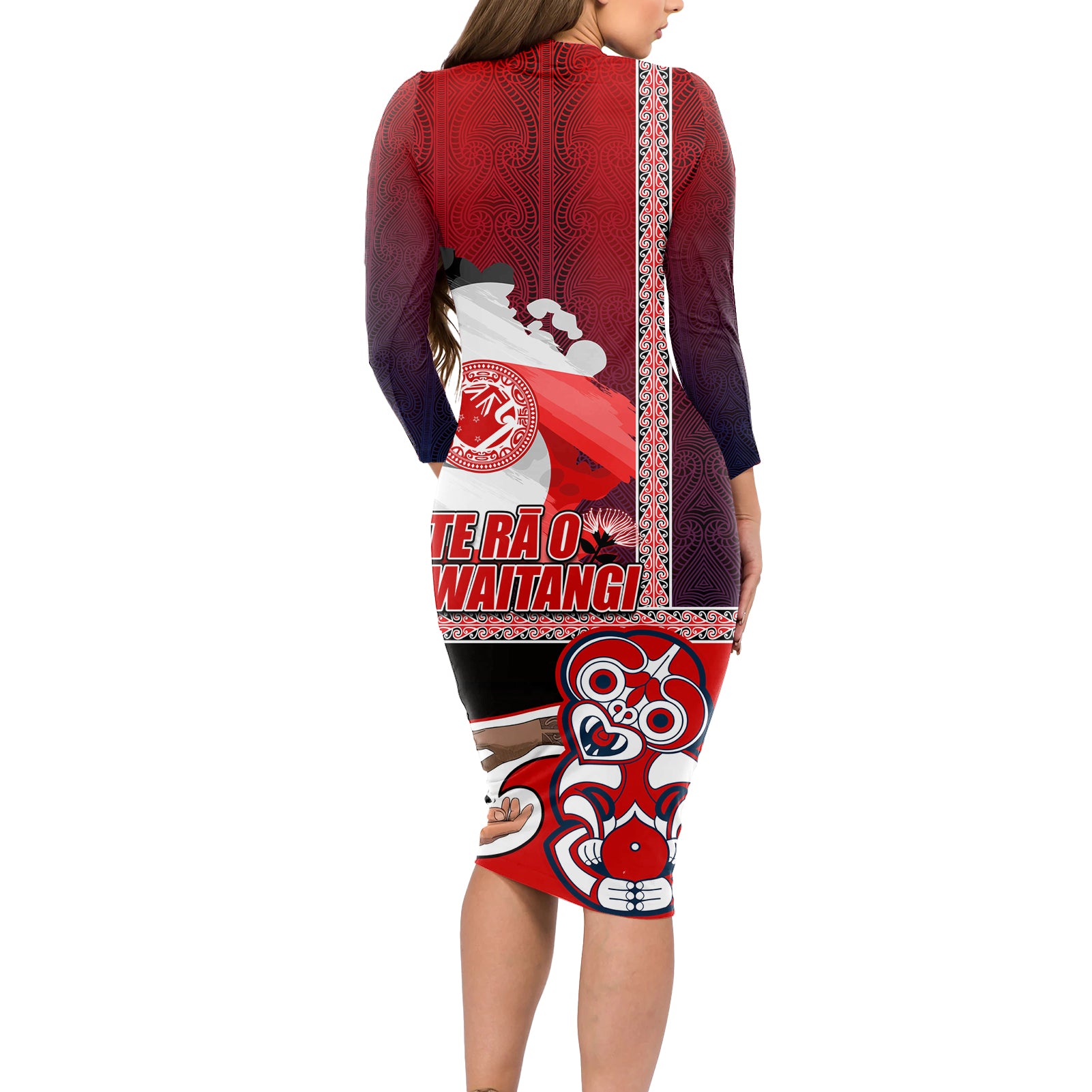 Maori Waitangi Long Sleeve Bodycon Dress Hei-tiki Koru with Tino ...