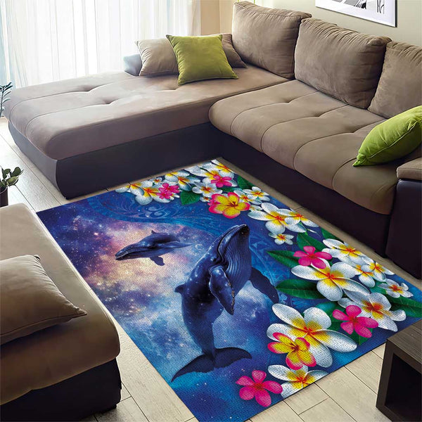 Hawaiian Lei Day Plumeria Humpback Whales Area Rug Polynesian Art Vibrant Starry Nebula Style LT03