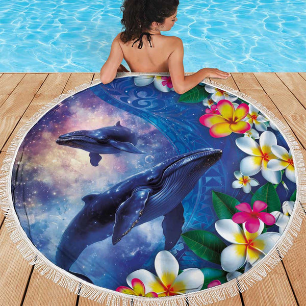 Hawaiian Lei Day Plumeria Humpback Whales Beach Blanket Polynesian Art Vibrant Starry Nebula ...
