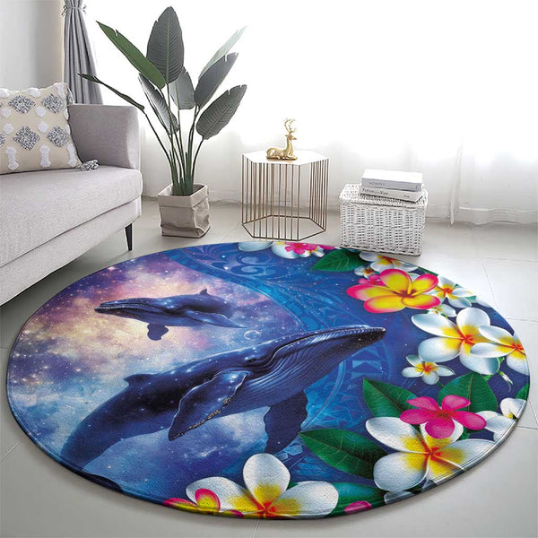 Hawaiian Lei Day Plumeria Humpback Whales Round Carpet Polynesian Art Vibrant Starry Nebula ...