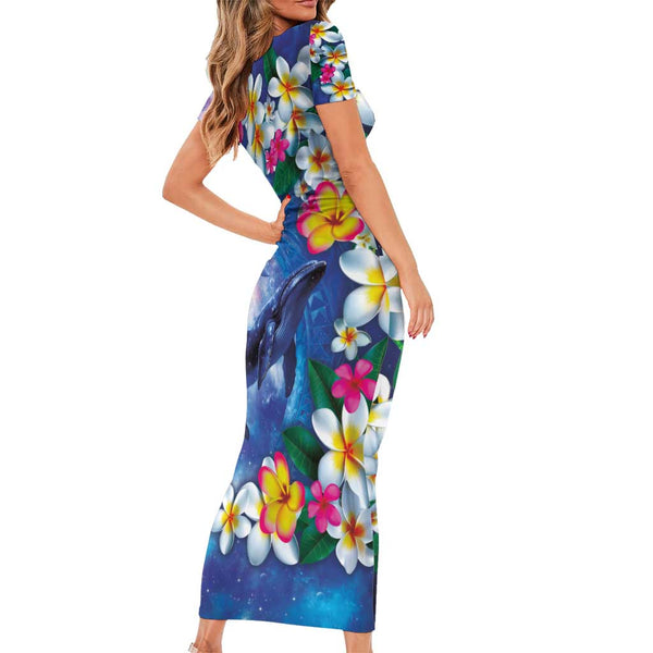 Hawaiian Lei Day Plumeria Humpback Whales Short Sleeve Bodycon Dress Polynesian Art Vibrant ...
