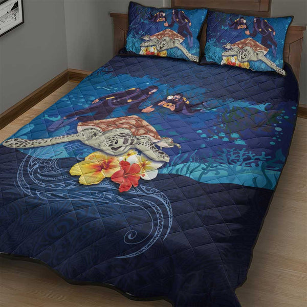 Polynesian Scuba Diving Quilt Bed Set Honu with Hibiscus and Plumeria ...