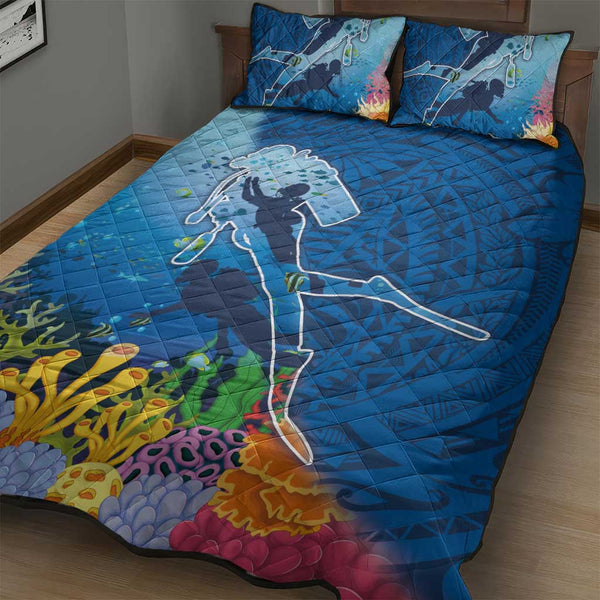 Polynesian Scuba Diving Quilt Bed Set Beauty Corals with Underwater and ...
