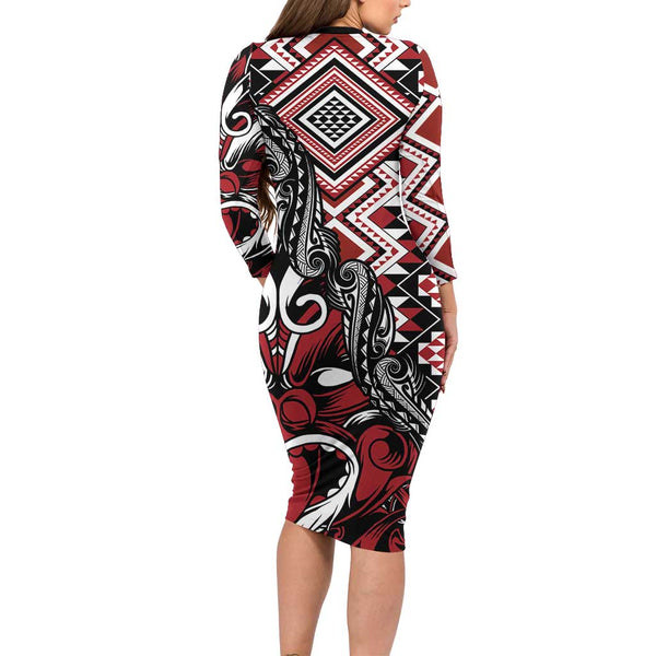 Aotearoa Maori Moko Art with Taniko Half Style Long Sleeve Bodycon ...