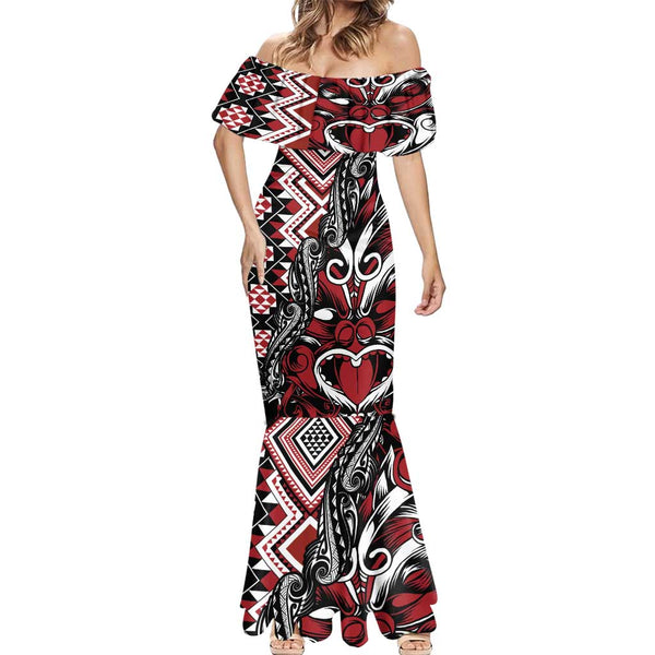 Aotearoa Maori Moko Art with Taniko Half Style Mermaid Dress LT03