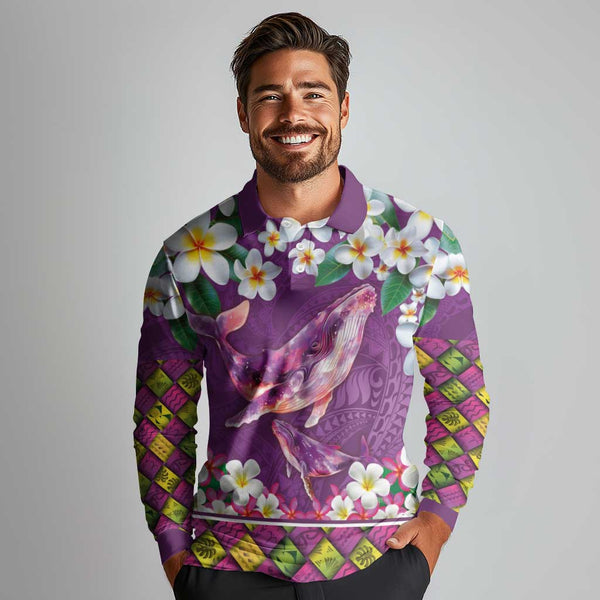 Hawaiian Plumeria and Humpback Whales Long Sleeve Polo Shirt Polynerian ...