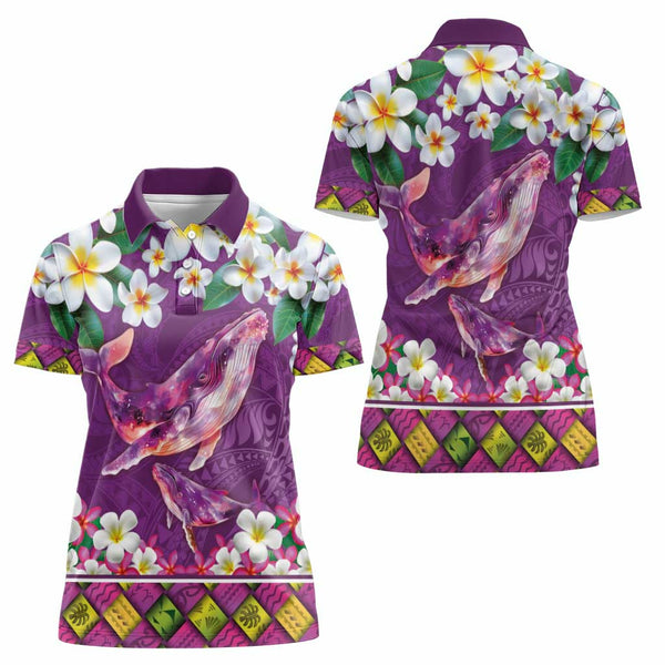 Hawaiian Plumeria and Humpback Whales Women Polo Shirt Polynerian Art ...