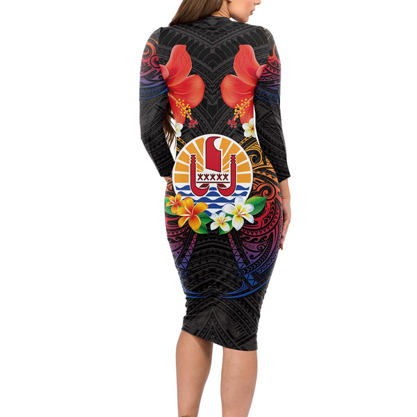 French Polynesia Bastille Day Long Sleeve Bodycon Dress Tiare Flower ...