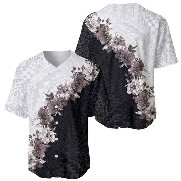 Hawaii Grayscale Hibiscus Flowers Baseball Jersey Polynesian Pattern ...