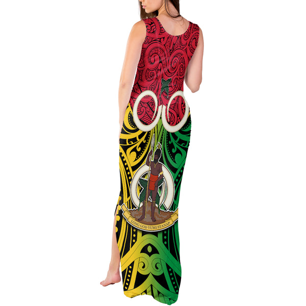 Vanuatu Tank Maxi Dress Pig Tusk Mix Maori Pattern and Namele Leaf LT03