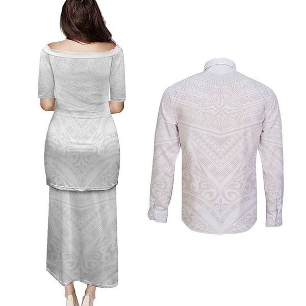 Tonga White Sunday Couples Matching Puletasi and Long Sleeve Button ...