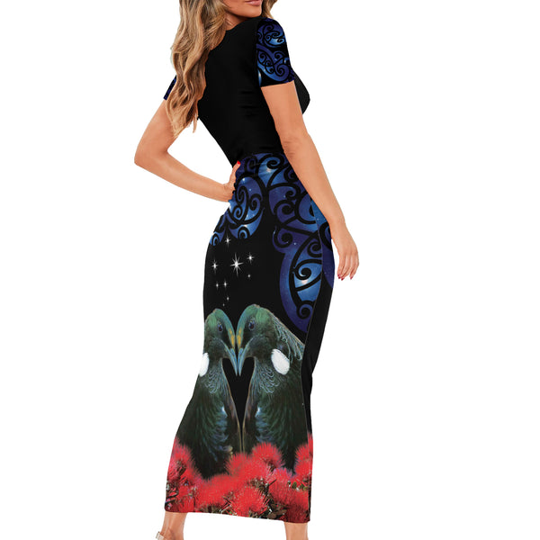 New Zealand Maori Matariki Short Sleeve Bodycon Dress Hongi Tui Bird ...