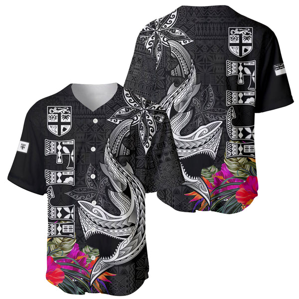 Polynesian Fiji Baseball Jersey Shark and Hibiscus Tapa Pattern Version ...