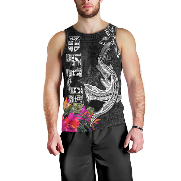 Polynesian Fiji Men Tank Top Shark and Hibiscus Tapa Pattern Version LT03